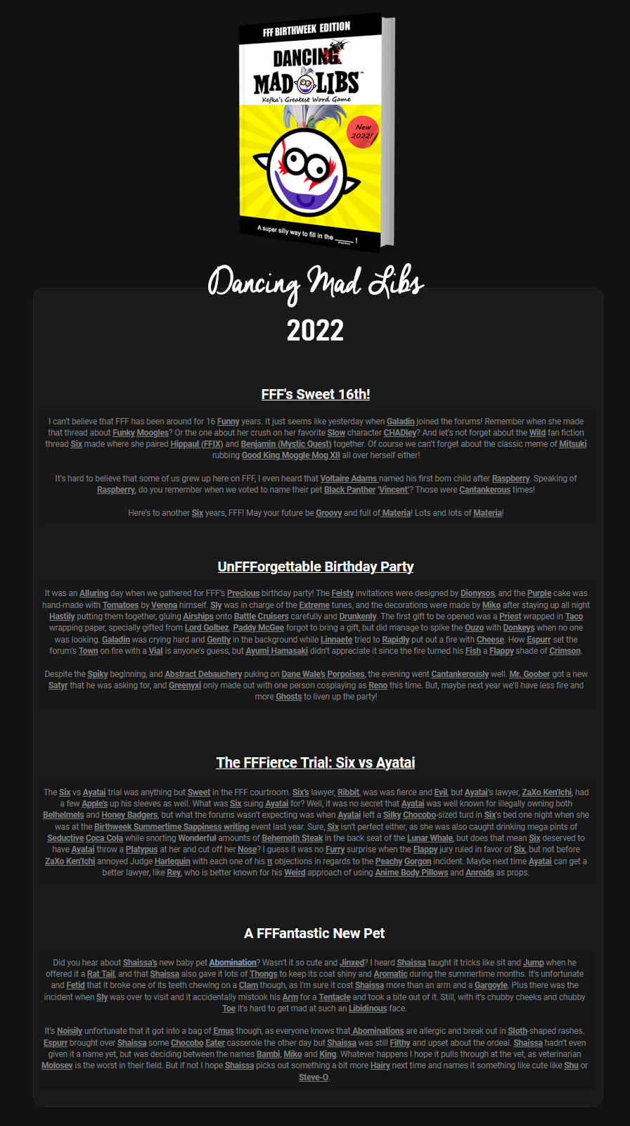 2022 Birthweek Dancing Mad Libs Entries | Final Fantasy Forums